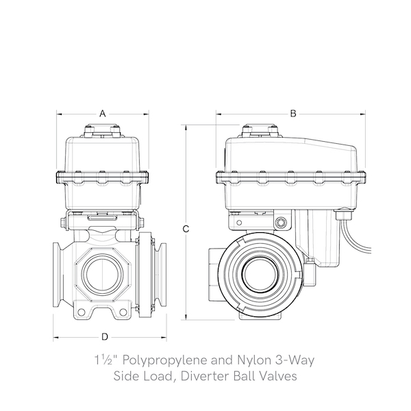 Actuated Valve, Poly/SS Ball, 1-1/2 Inch, FPT, 3-Way, Side Load, Diverter, Full Port Offset, EH2 ...