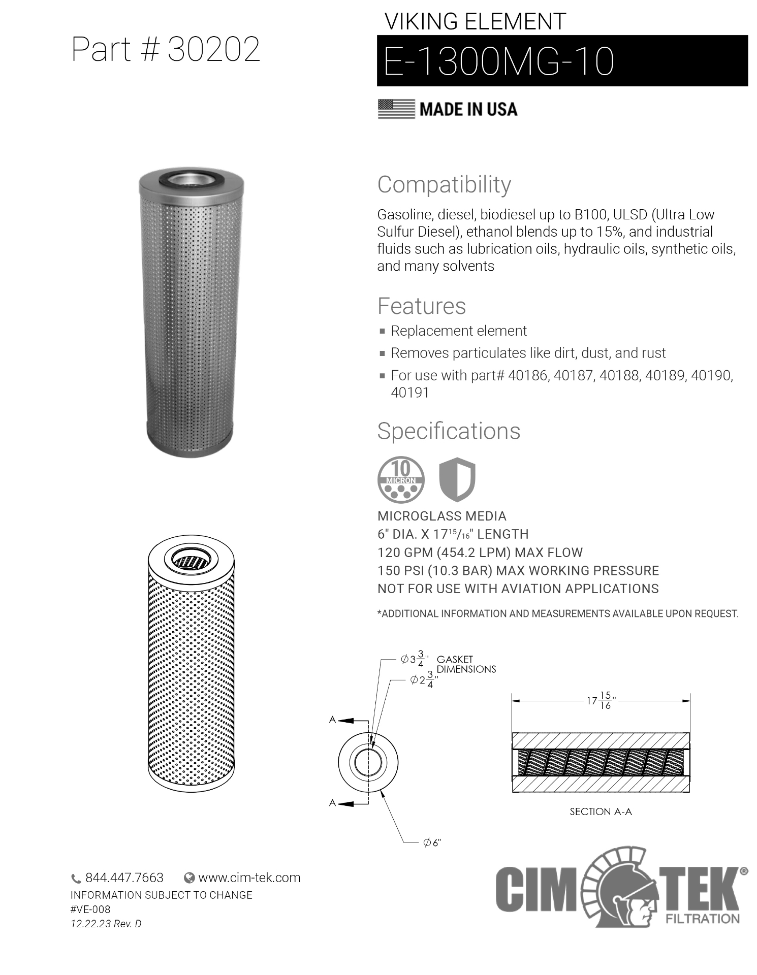 Element, 10 Micron Micro-Glass For Viking Series 1-4, 120 GPM Max Flow ...
